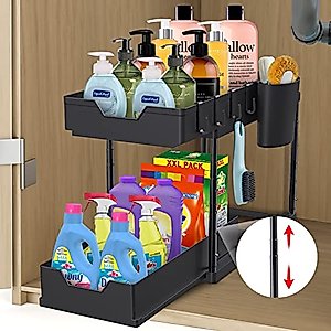 Under Sink Organizers and Storage, 2 Tier Sliding Under Cabinet Organizer with Adjustable Height, Multi-purpose Under Sink Kitchen Bathroom Organizer and Storage with Hook, Hanging Cup, Dividers