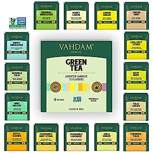 VAHDAM, Assorted Green Tea Sampler Gift Set (15 Flavors, 15 Count) Gluten Free, Non GMO | Tea Variety Pack - Long Leaf Pyramid Green Tea Bags Variety Pack | Gifts For Him/Her | Gifts for Women & Men