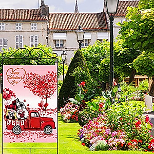 Gnomes Valentines Day Garden Flag Outdoor Large Valentine Flag 28x40 Double Sided Burlap House Yard Valentines Flag for Outside With Love Heart Truck Gnome Valentines Day Decor Decorations