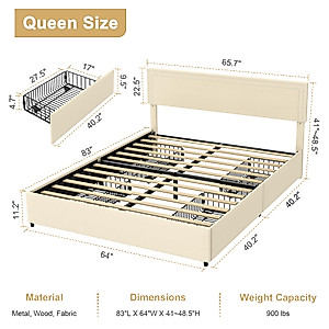 Queen Bed Frame with 4 Storage Drawers, Modern BedFrame with Rivet Adjustable Headboard, Platform Mattress Foundation, Metal Frame Structure with Wooden Slats Support, No Box Spring Needed, Beige