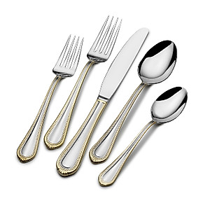 Mikasa, Gold Accent Regent Bead Flatware Service for 12, 65 Piece Set, 18/10 Stainless Steel, Silverware Set with Serving Utensils