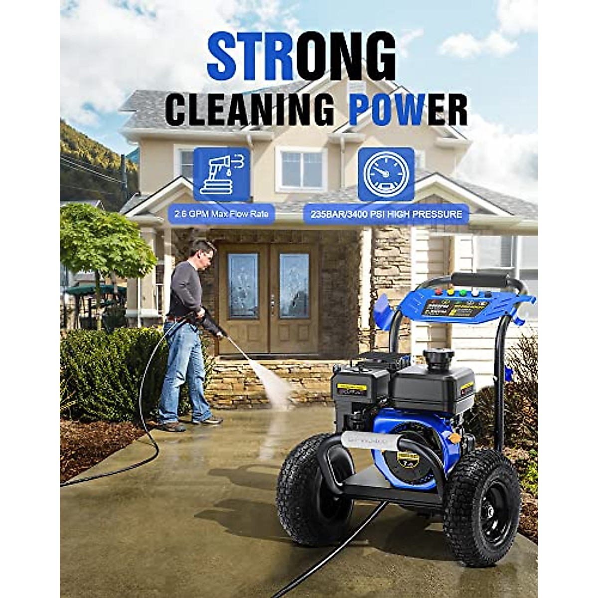 Gas Pressure Washer, ENGiNDOT 3400 PSI 2.6 GPM Gas Powered High Pressure Clean Machine with 212CC 7.0 OHV Engine, Soap Tank, 5 QC Nozzles, CARB Compliant - GPW3400