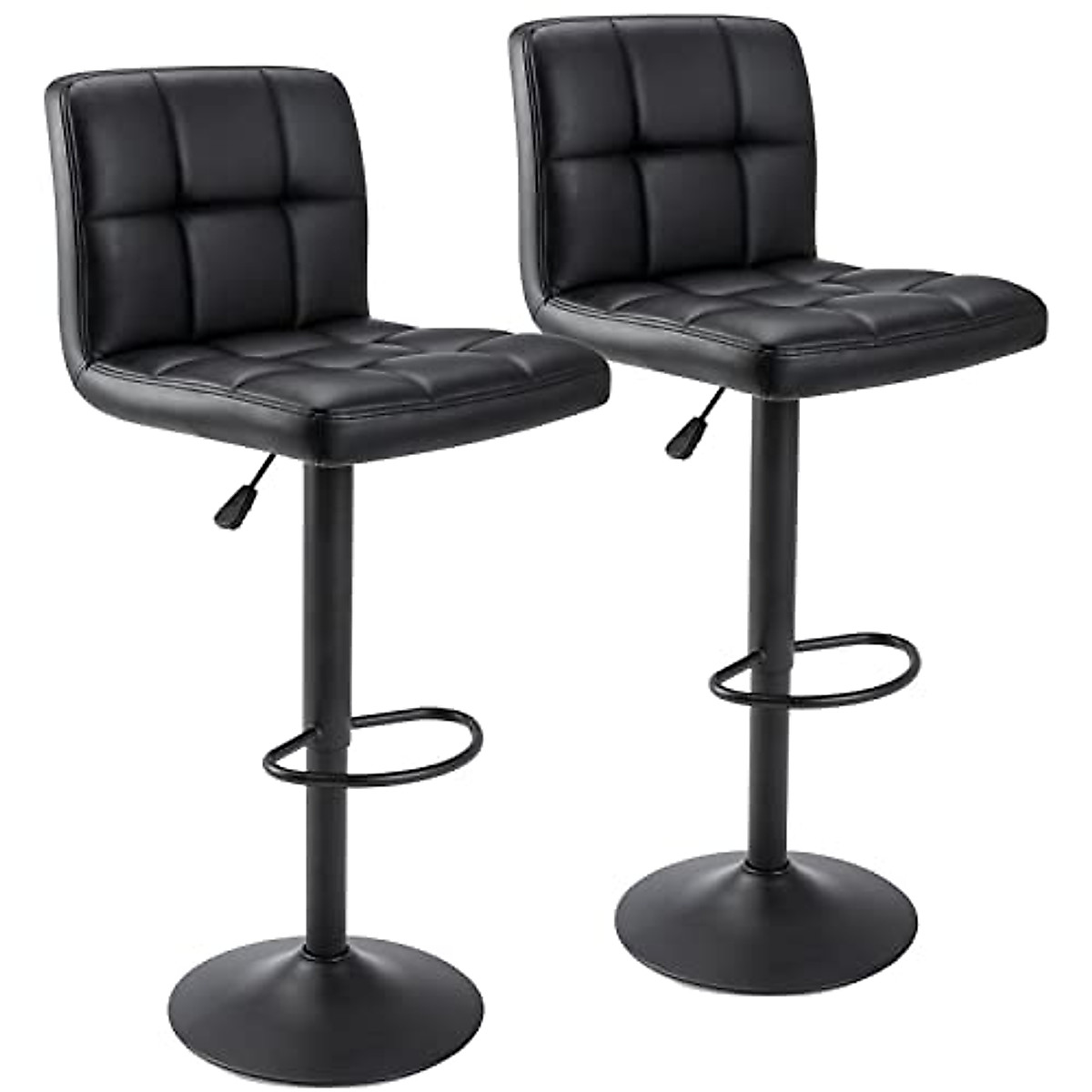 Vogue Furniture Direct PU Leather Square Bar Stools, Modern Adjustable Swivel Barstools with Back, Armless Airlift Counter Height Chairs for Kitchen Dining Pub Cafe, Set of 2 (Black, Black Base)