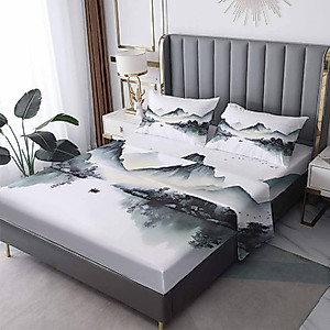 Nature Sheets Full Size, Ink Painting Bed Sheets, Patterned Bedding Sheets & Pillowcases 4 Piece Set - Soft Microfiber Deep Pocket Fitted Sheet & Flat Sheet & 2 Pillow Cases Z1-&-191