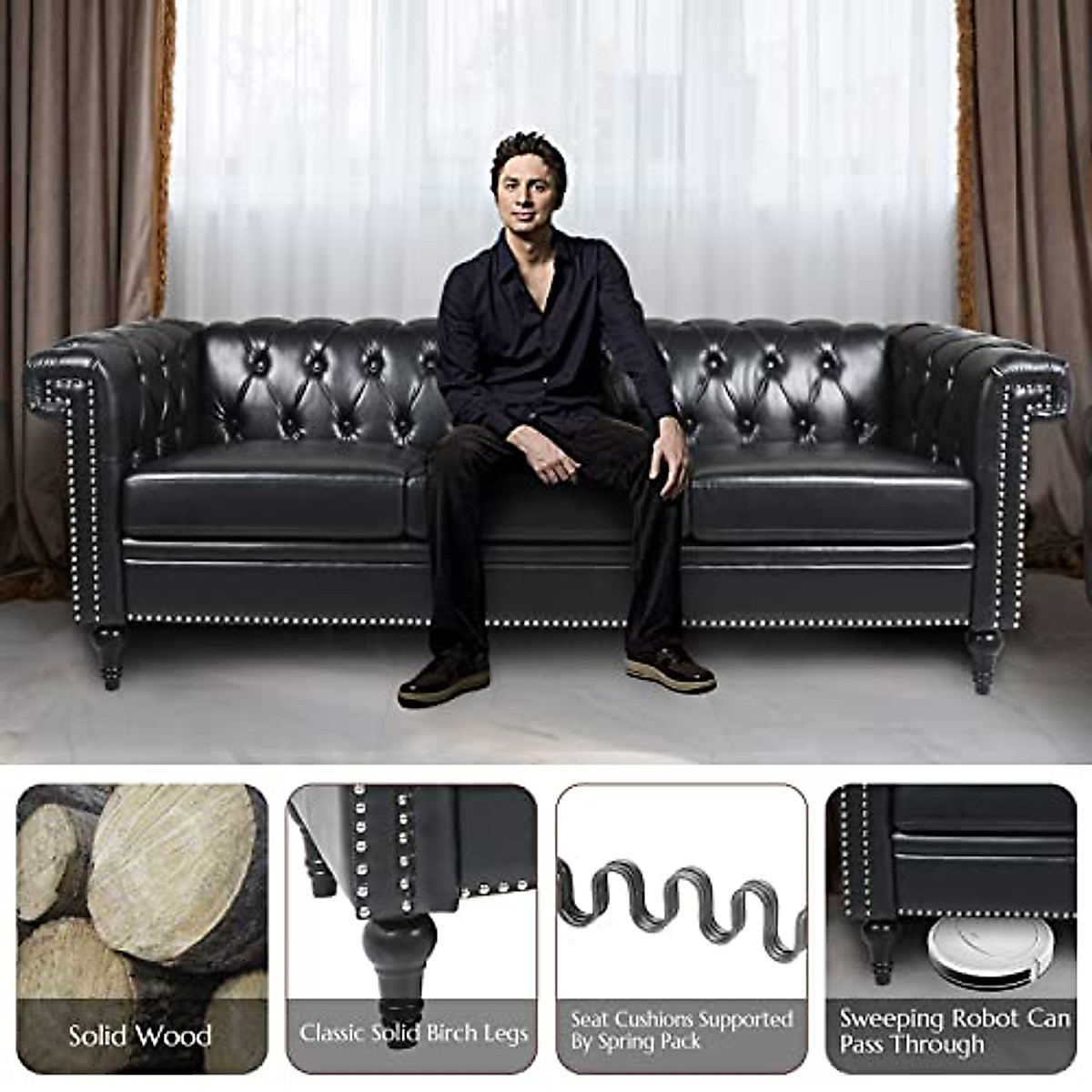 Vaztrlus Chesterfield Sofas Couches for Living Room, Square Arm 3-Seater Faux Leather Large Couch Deep Button Nailhead Tufted Black Upholstered Couches for Bedroom, Office Easy to Assemble