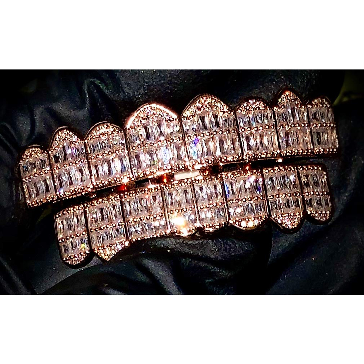 14k Rose Gold Baguette Joker Pink Grillz for Mouth Top Bottom Hip Hop Teeth Grills for Teeth Mouth Grillz for Mouth Top Bottom Hip Hop 8 Teeth Prong Set Cz Diamonds Grills for Tooth