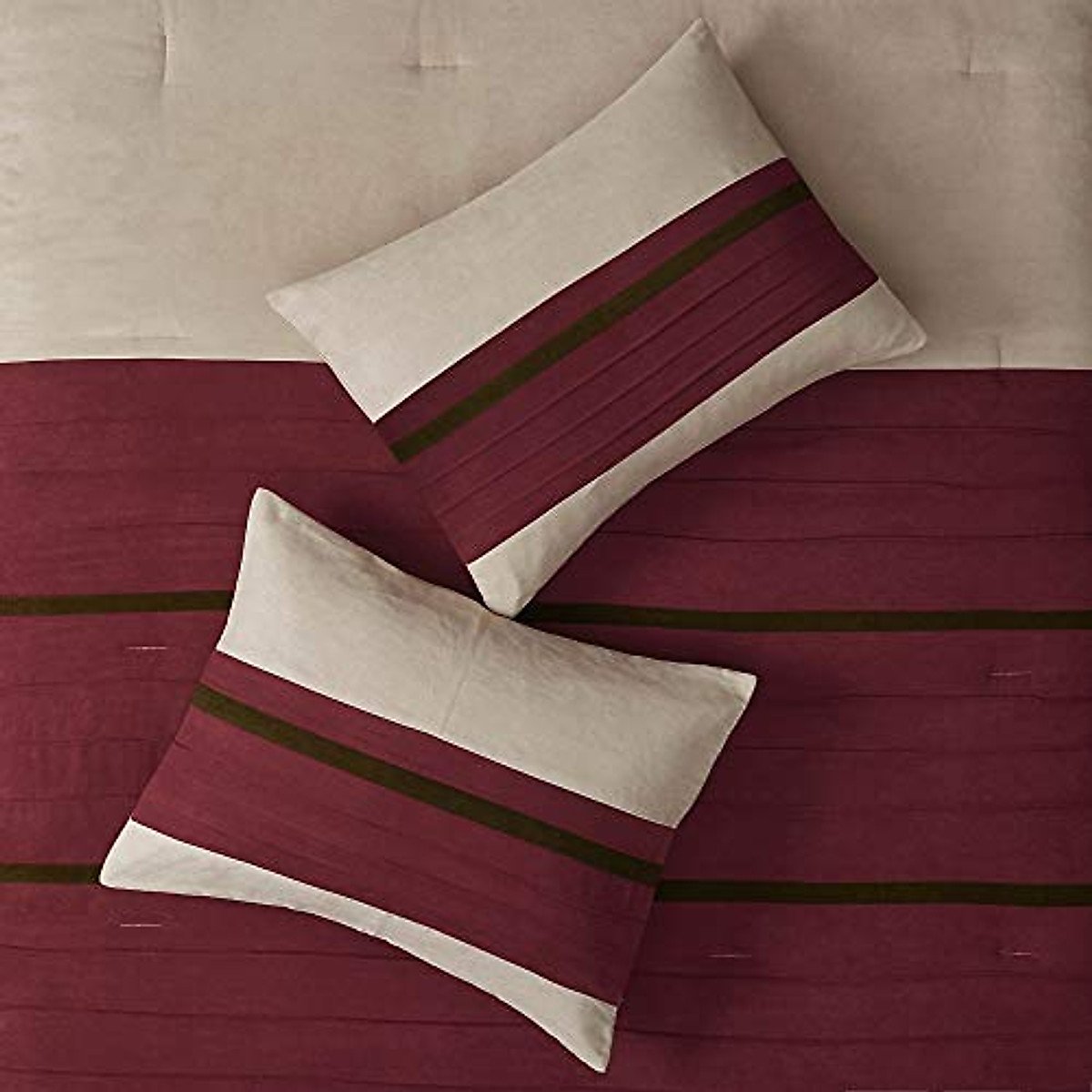 Madison Park Palmer Comforter Set-Luxury Faux Suede Design, Striped Accent, All Season Down Alternative Bedding, Matching Shams, Decorative Pillow, Bed Skirt, King (104 in x 92 in), Red 7 Piece