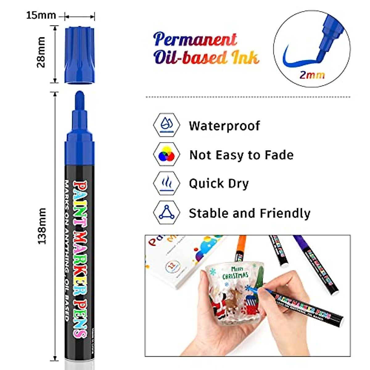 SUPKIZ Paint Markers Pens, 12 Colors Oil-Based Waterproof Fancy Paint Markers, Quick Dry Permanent Push Markers Set for Tire, Rock, Wood, Fabric, Plastic, Canvas, Glass, Mugs, DIY Craft