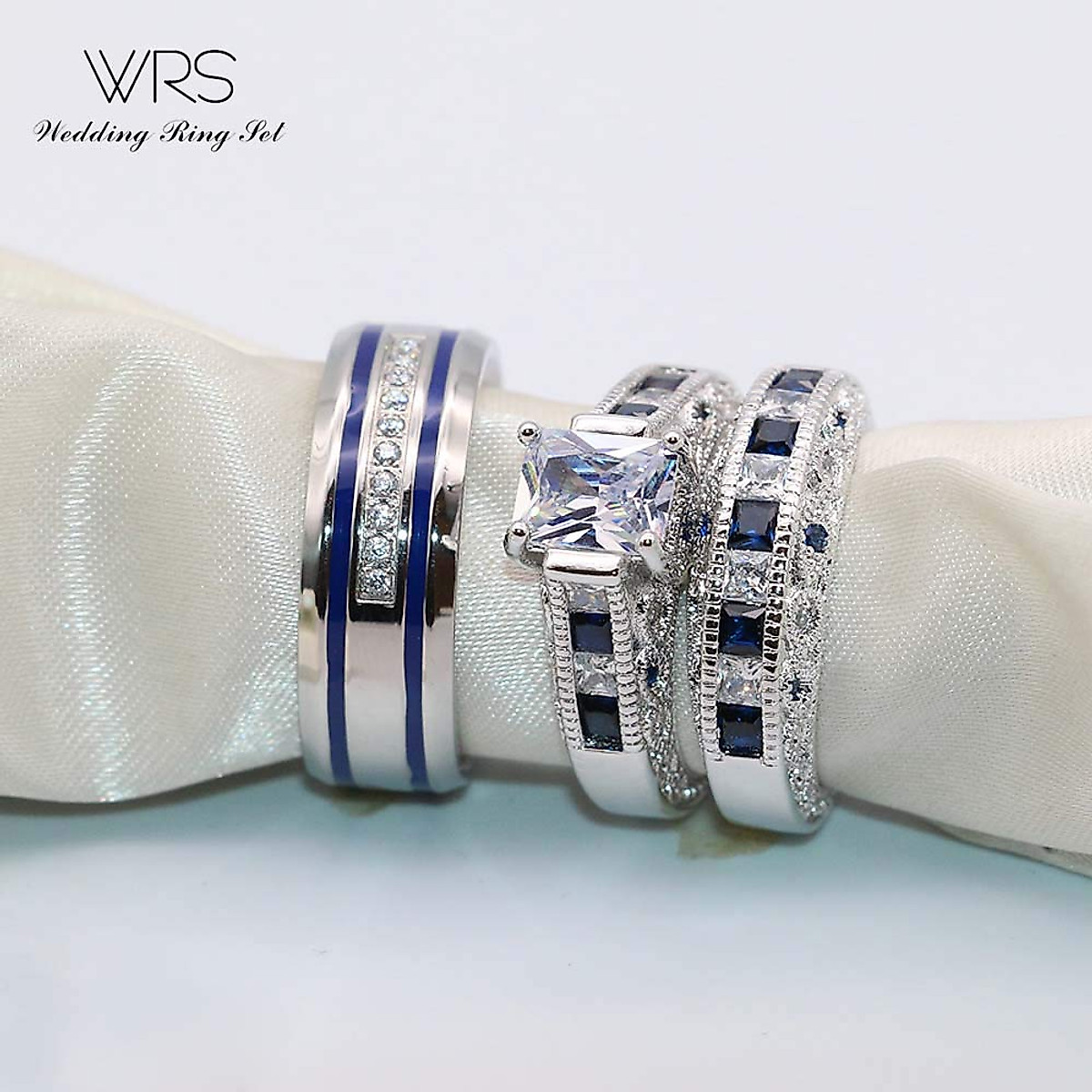 wedding ring set Two Rings His Hers Couples Matching Rings Women's 2pc White Gold Filled CZ Wedding Engagement Ring Bridal Sets Men's Stainless Steel Wedding Band