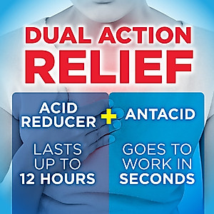 Amazon Basic Care Dual Action Complete, Chewable Acid Reducer Plus Antacid Tablets, Berry Flavor, Heartburn Medicine, Acid Indigestion Relief, 50 Count