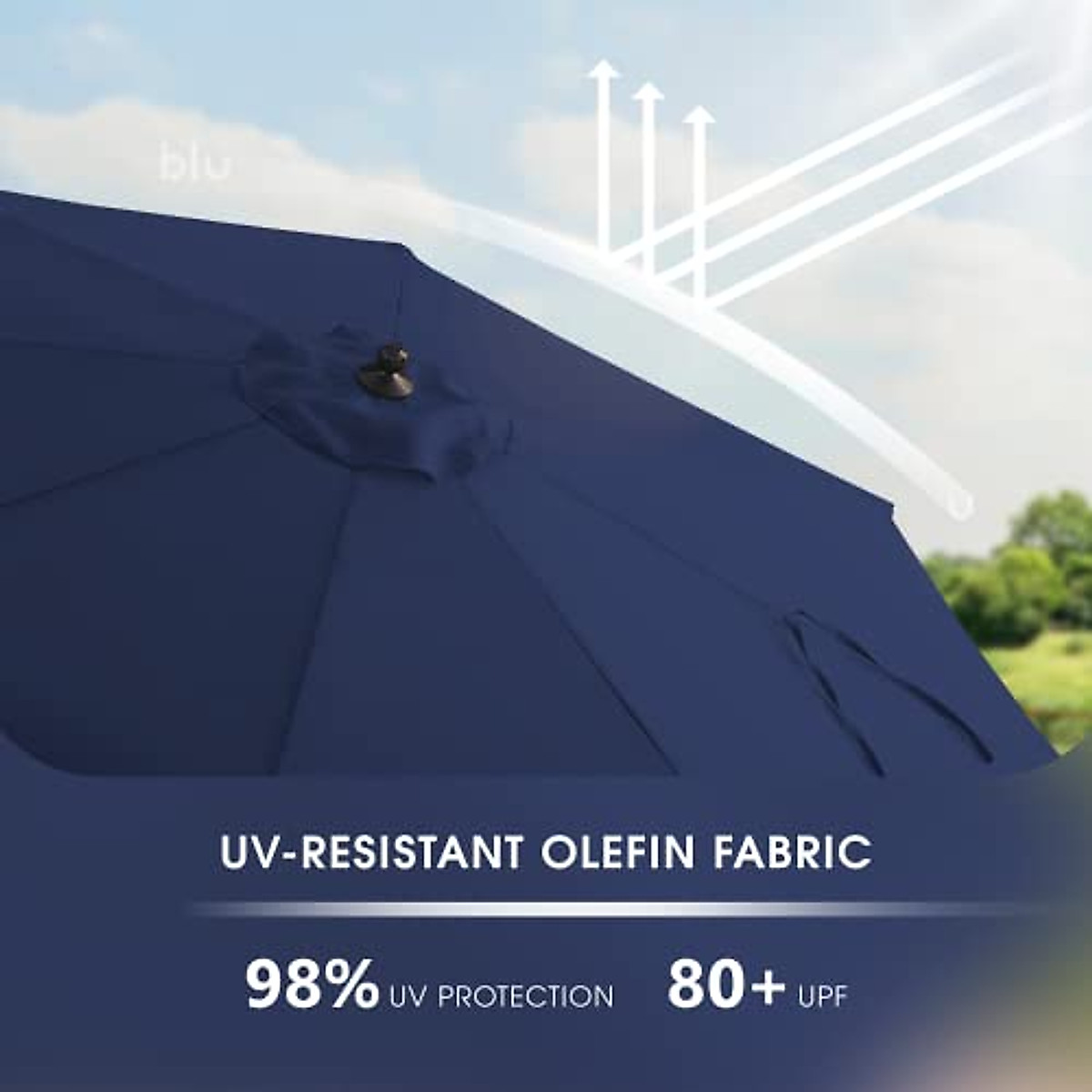 BLUU MAPLE Olefin 7.5 FT Patio Umbrella Outdoor Table Umbrellas, 36 Month Fade Resistance Olefin Canopy, Market Center Umbrellas with 8 Strudy Ribs & Push Button Tilt for Garden, Lawn & Pool (Navy Blue)