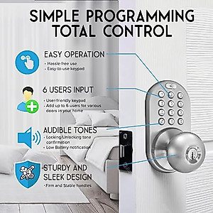MiLocks TKK-02SN Tkk-Sn Digital Door Knob Handle Lock with Electronic Keypad - Keyless Entry Smart Door Lock with Adjustable Latch Locks, Audible Tones for Interior Front Doors & More, Satin Nickel
