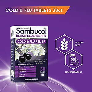 Sambucol Cold and Flu Relief Tablets - Homeopathic Cold Medicine, Cold Remedy for Adults, Black Elderberry for Colds, Zinc Cold Remedy - 30 Count
