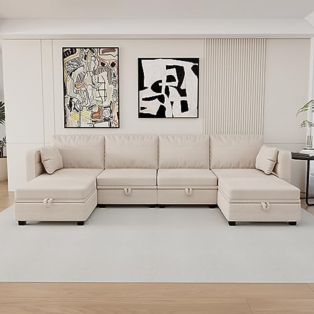 ANZEHOME 110" Sectional Sofa Couch for Living Room, Modern Modular U-Shape Sofa with Storage Seats & Reversible Chaise & Adjustable Backrest Armrest, 6 Seat Convertible Sofa for Home Office (Beige)