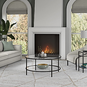 Henn&Hart 36" Wide Round Coffee Table with Glass Top in Blackened Bronze, Modern coffee tables for living room, studio apartment essentials