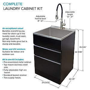 Transolid TC2D-2222-BB All-in-One 22 in. x 22 in. x 35 in. Metal Undermount Laundry/Utility Sink and Cabinet in Matte Black