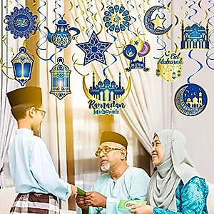 30 Pieces Ramadan Mubarak Decorations, Eid Mubarak Hanging Swirl Shining Gold Star Moon Lantern Ceiling Foil Decor for Eid Al-fitr Party Egyptian Holiday Decorations Supplies (Blue and Gold)