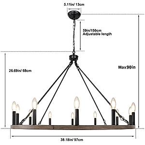 WBinDX 12 Lights Wagon Wheel Chandelier, 38.2 Inch Large Black Faux Wood Metal Farmhouse Chandelier Lighting, Rustic Candle Round Chandeliers for Living Room Foyer Entryway High Ceilings