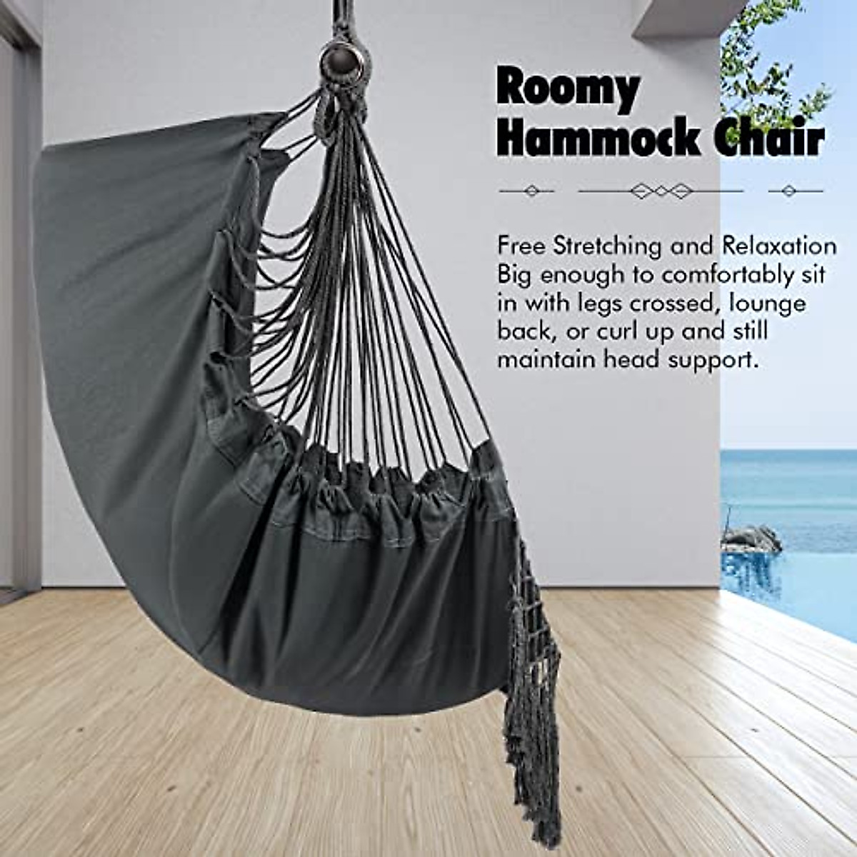Hammock Chair Swing, Hanging Rope Swing with 3 Cushions Pillow and Side Pocket, Max 400 lbs, Large Macrame Hanging Chair for Indoor, Outdoor, Bedroom,Garden, Patio, Porch, Yard