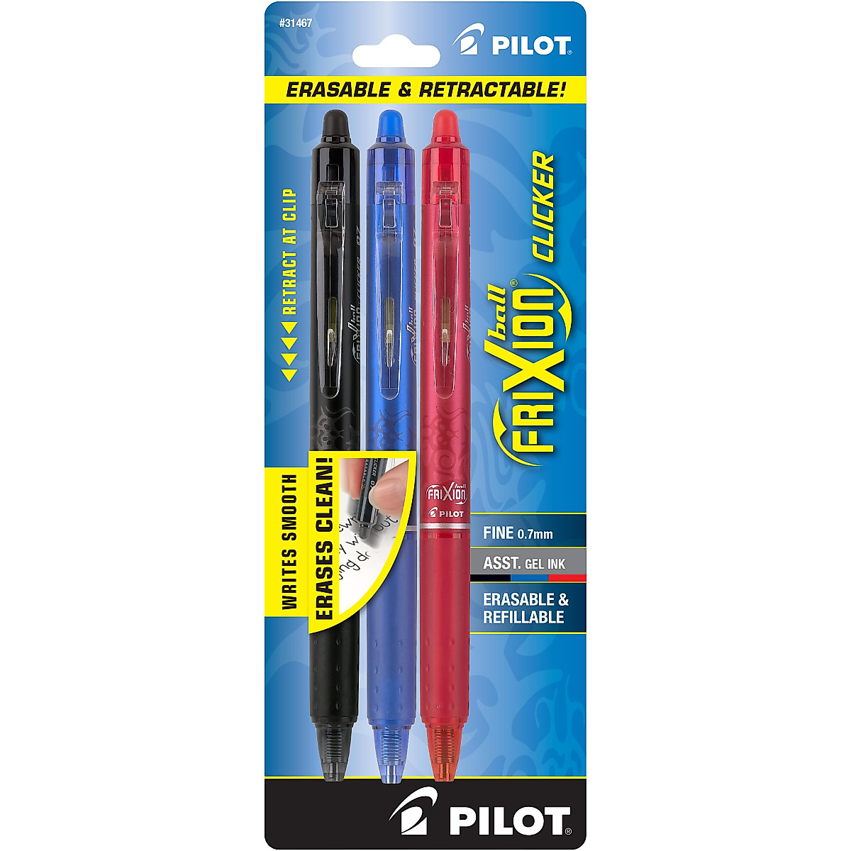 Pilot Frixion Clicker Erasable Gel Pen, Assorted Ink, 3 per Pack (31467), Black/Blue/Red