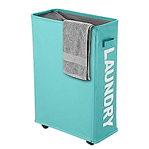 Slim Rolling Laundry Basket with wheel, IHOMAGIC Rectangle Storage Hamper - Thin Laundry Basket Corner Fittable Laundry Bin Flexible handle Laundry Sorter For Dormitory, Hotel, 39x18.5x58cm 41L, Blue