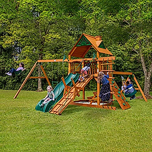 Gorilla Playsets 01-0004-AP Frontier Wood Swing Set with Wood Roof, Tire Swing, Two Belt Swings, Picnic Table, Sandbox, Rock Climbing Wall, Amber