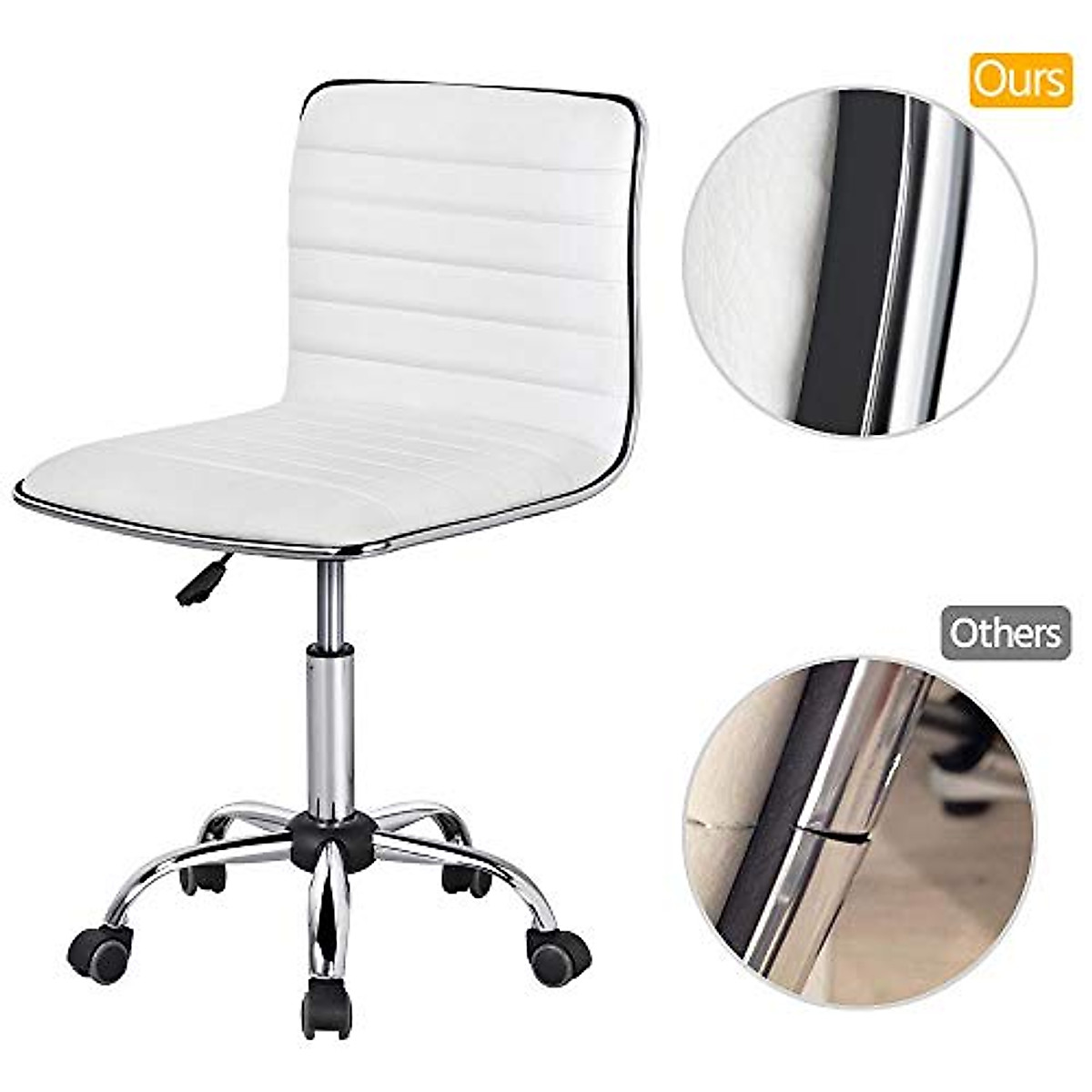 Yaheetech Adjustable Task Chair PU Leather Low Back Ribbed Armless Swivel Desk Chair Office Chair Wheels White, Set of 2