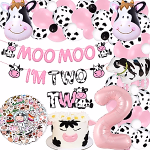 140 PCS Moo Moo Im Two Birthday Decorations Cow 2nd Birthday Banner Cow Two Cake Topper Balloon Sticker for Two Years Old Girl Boy Holy Cow Theme Party Supplies Glitter Pink Decoration