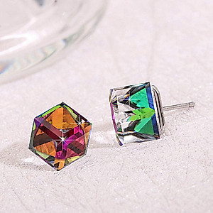 Cube Austrian Crystal Drop Stud Earrings for Women Fashion S925 Sterling Silver Hypoallergenic Jewelry (Rainbow)