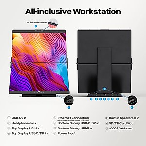 Mobile Pixels Geminos Dual 24" Stacked Computer Monitors with 1080P Webcam&Speakers, 65W USB-C Charging, All-Inclusive Vertical Desktop Monitor, HDMI/USB-A/USB-C, Infinitely Adjustable (2 Monitors)