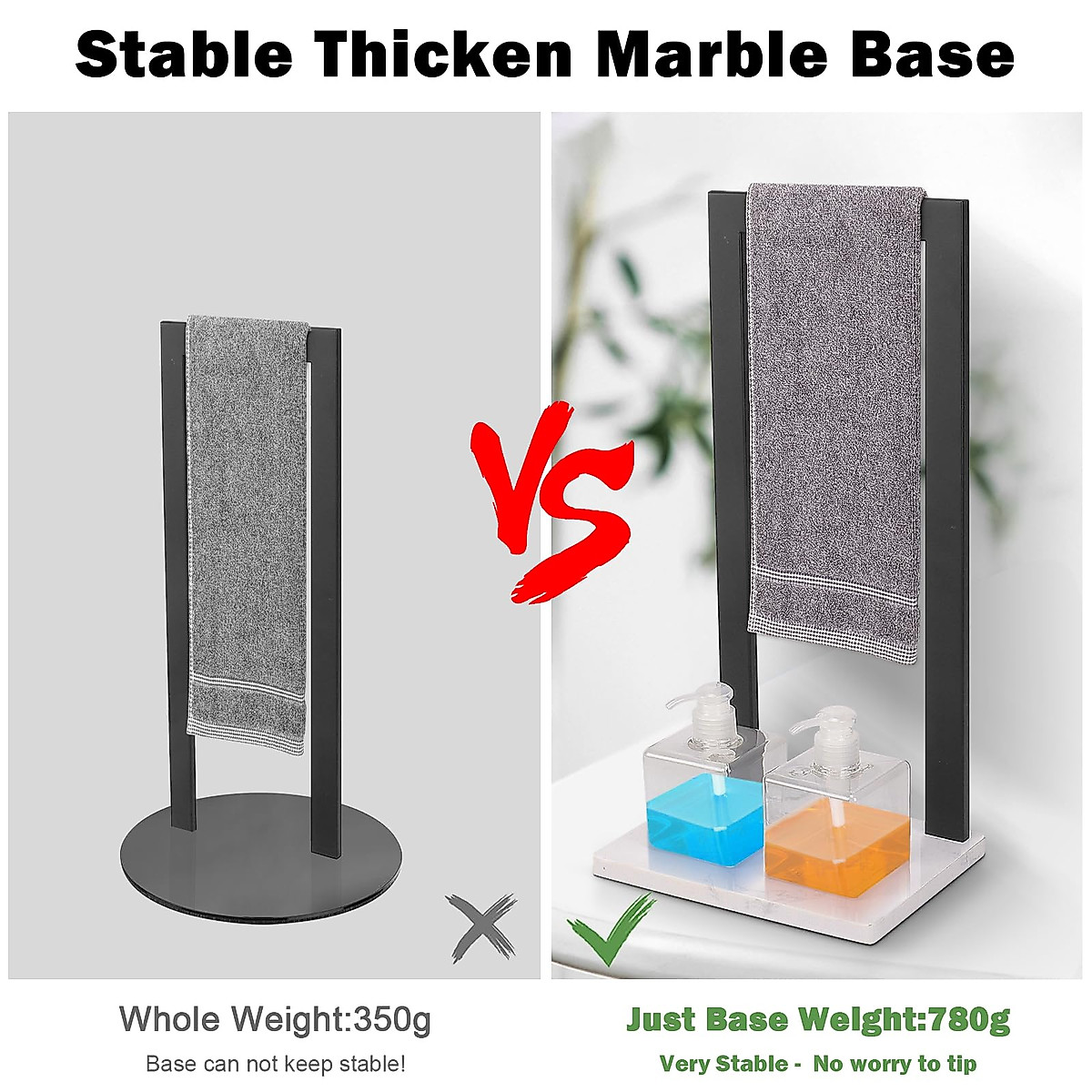 Winmien Hand Towel Holder with Marble Base, SUS304 Stainless Steel Freestanding Towel Rack Combo, Towel Stand + 2 Clear Soap Dispensers, Suitable for Bathroom Kitchen Vanity (Matte Black)