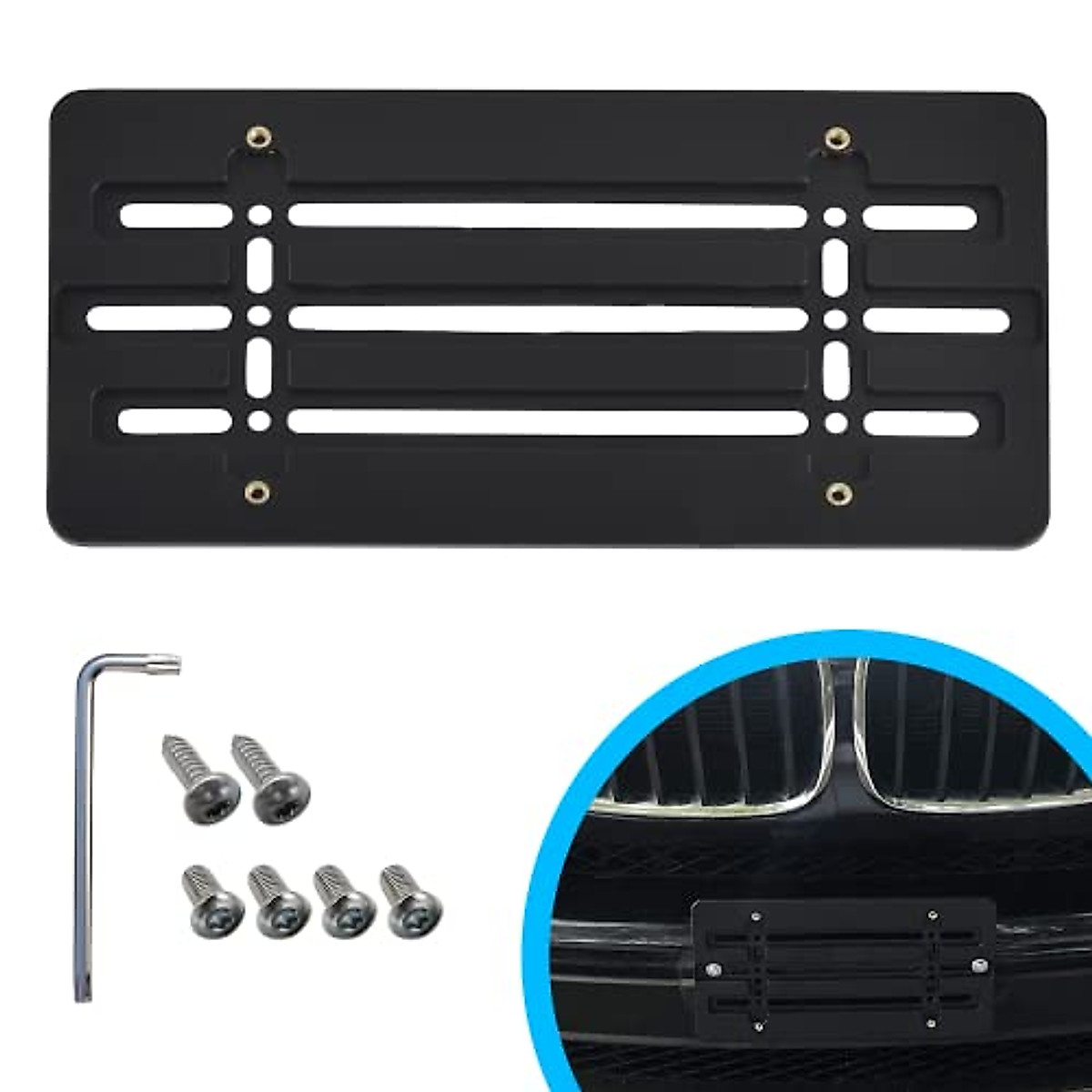 Front Bumper License Plate Bracket for BMW 2000-2023, Plate Holder Set w 6 Unique Screw Bolts & Wrench Kit, License Tag Mounting Kit, Quality Plate Holders, Premium Car & Truck Accessories