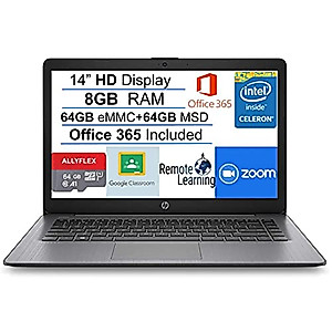 hp 2021 Newest Stream 14" HD SVA Laptop Computer, Intel Celeron N4020, 8GB RAM, 128GB Space(64GB eMMC+64GB MSD), Office 365, HDMI, Bluetooth, Windows 10, Black, AllyFlex MP, Online Class Ready