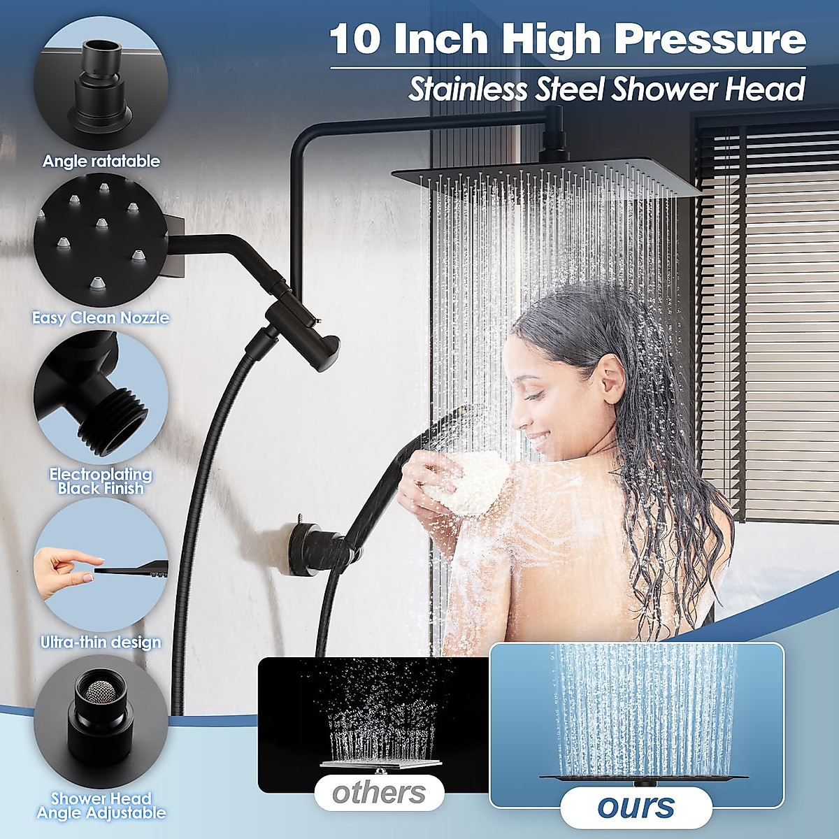 Gabrylly Shower Heads with Handheld Spray Combo, 10" High Pressure Rainfall Shower Head with 11" Extention Arm and Suction Cup Holder, 3-Setting Handheld Shower Head with 59" Shower Hose, Matte Black