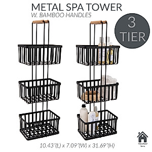Simplify 3 Tier Metal Spa Tower | Bamboo Handles | Decorative Shelving Unit | Baskets | Bathroom Storage | Toiletries | Towels | Soap | Black