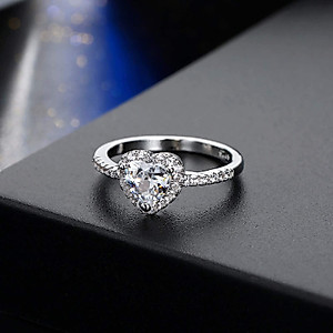 Fashion Heart Shaped Simulated Diamond Ring Inlaid Zircon Ring for Women Wedding Band Engagement Rings (Silver, 5)