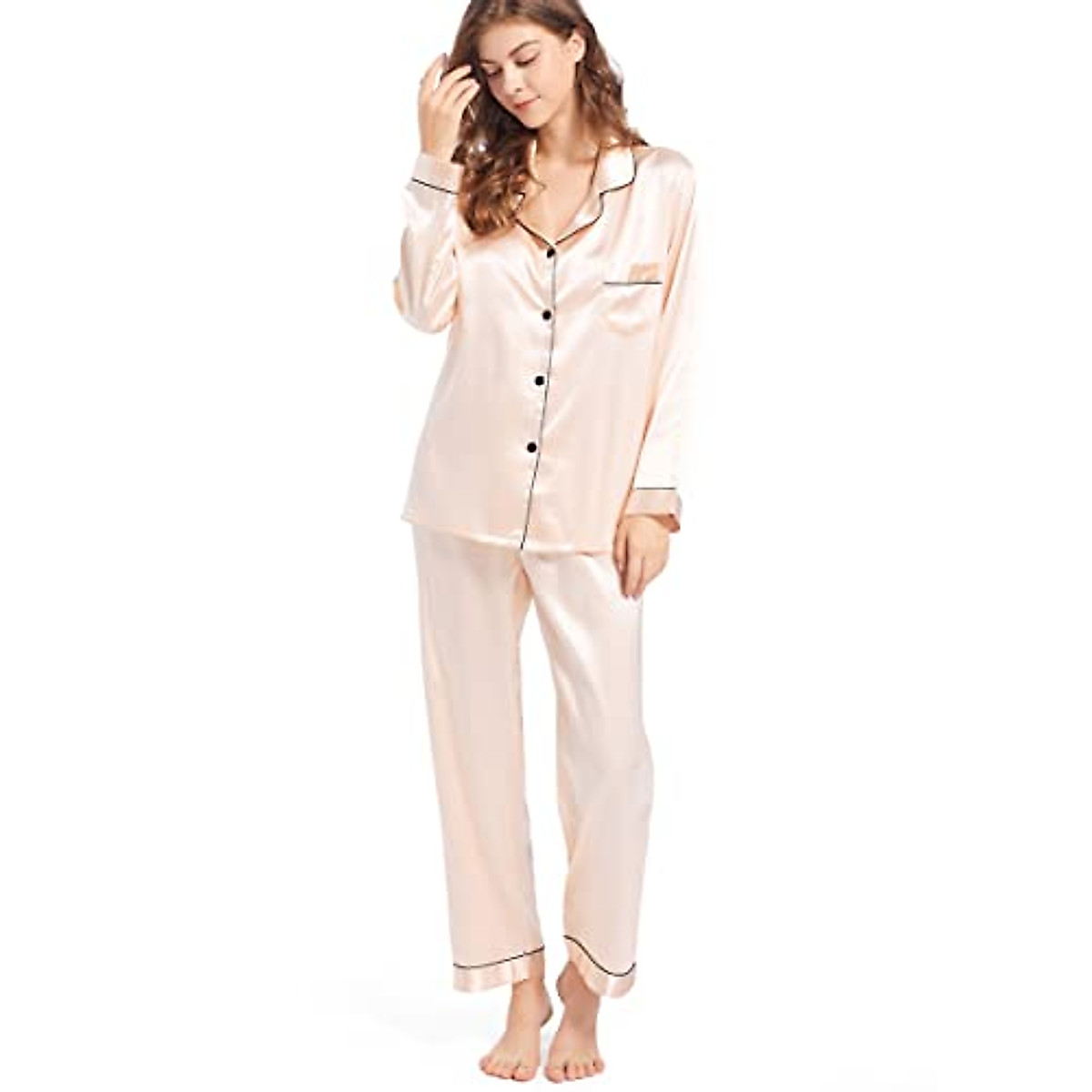 Fivali Womens Silk Satin Pajamas Long Sleeve Pj Set Two-piece Sleepwear Silky Button-down Nightwear Soft Loungewear Sets, L Champagne