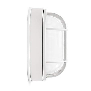 CORAMDEO Outdoor 8.5” Oval LED Nautical Bulkhead Light, Flush Mount for Wall or Ceiling, Wet Location, 75W of Light, 800 Lumens, 3K, White Cast Aluminum with Frosted Glass Lens