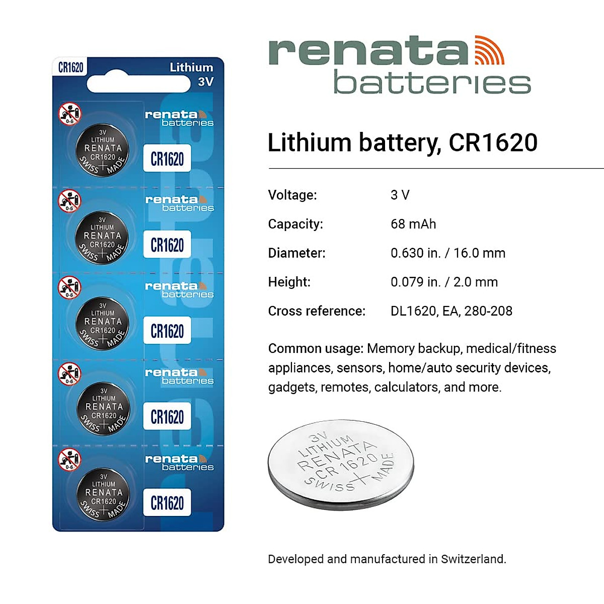 Renata CR1620 Batteries - 3V Lithium Coin Cell 1620 Battery (5 Count)