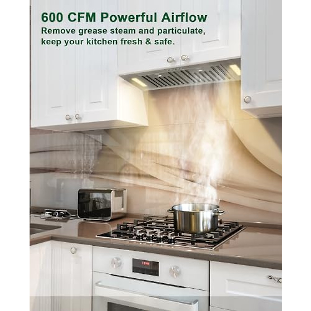 Akicon 30 Inch Range Hood Insert, Ultra Quiet Stainless Steel Ducted Insert/Built-in Kitchen Vent Hood with Powerful Suction, LED Lights and Dishwasher Safe Filters, 3-Speeds 600 CFM