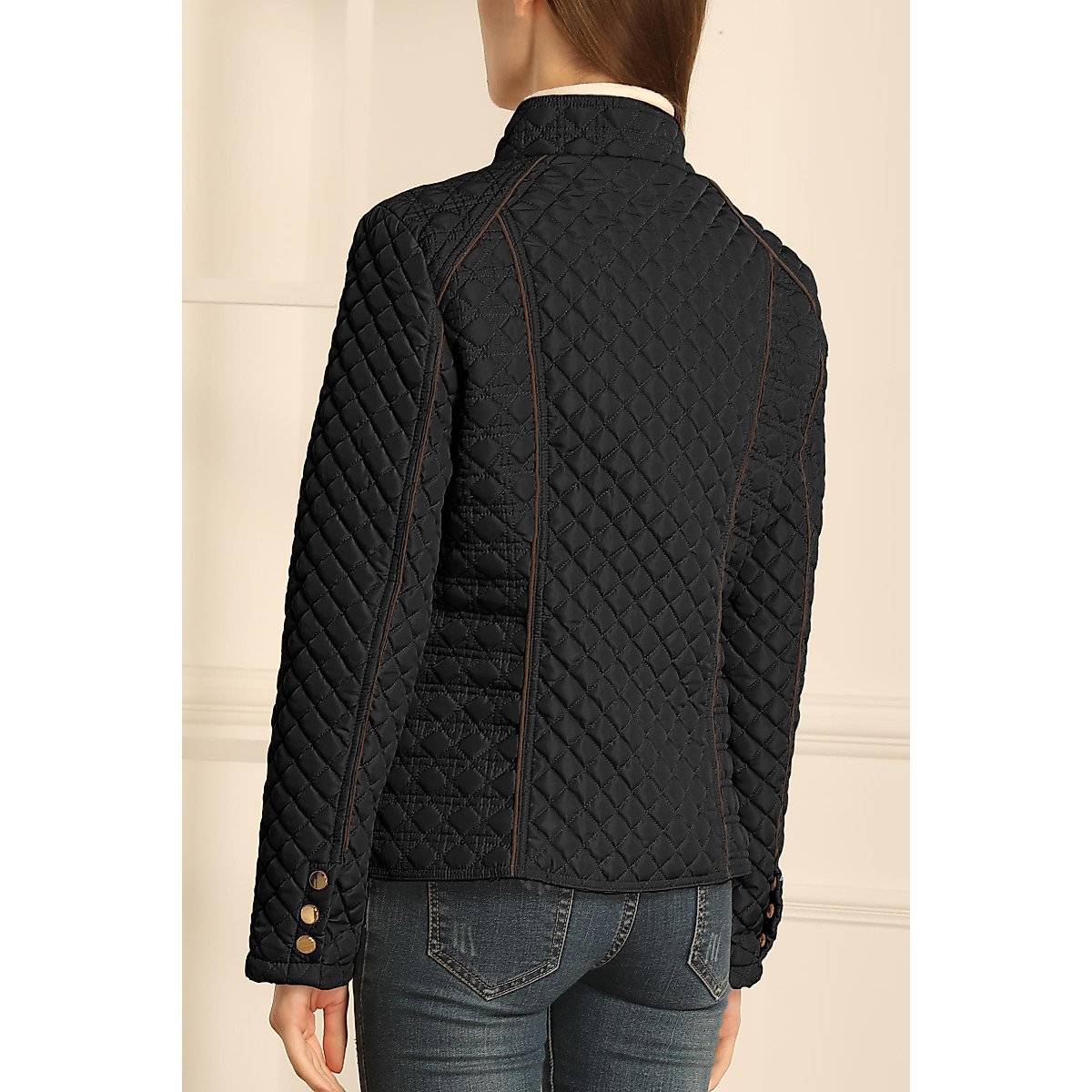 Bellivera Women's Stand Collar Lightweight Quilted Puffer Jacket Padded Zip Coat for Spring and Winter 087 black S