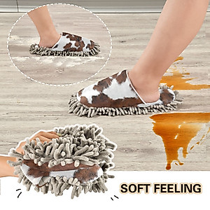 Kigai Microfiber Cleaning Slippers White Brown Print Cow Washable Mop Shoes Slipper for Men/Women House Floor Dust Cleaner, Size M