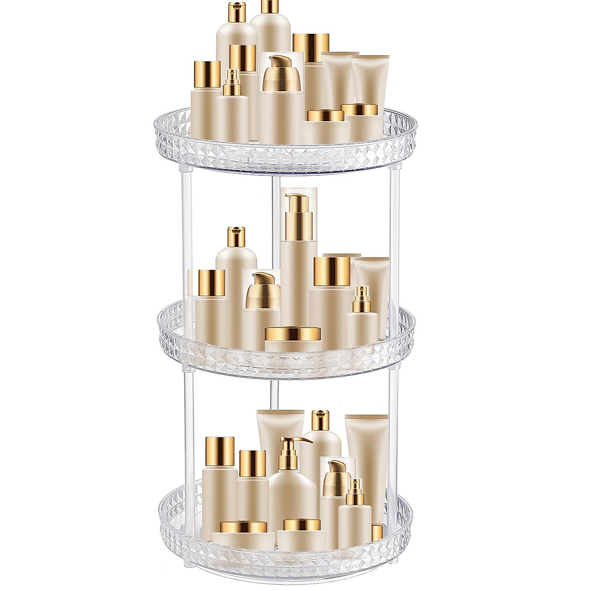 KSDSOAM 3 Tier 360 Rotating Makeup Organizer and Storage,Skincare Organizers Cosmetic Display Case Perfume Holder Rotating Tray Storage Carousel for Vanity Bathroom Organizer Countertop（Clear）
