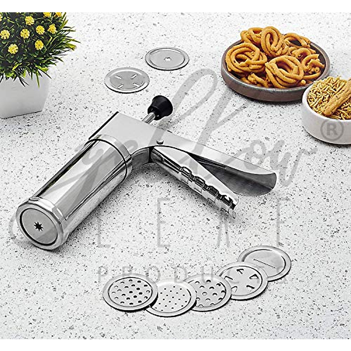Yellow Leaf Products Stainless Steel Kitchen Press with 15 Different Types of Jalies, मखनी मुरुक्कू Maker/Bhujiya Maker/Noodles/Murukku/Cookies/chakli/Namkeen/Sev Maker (Steel, Stainless Steel)