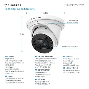 Amcrest 4K Optical Zoom IP Camera, Varifocal 8MP Outdoor POE Camera Turret, Security Camera, 2.7mm~13.5mm Lens, IP67 Weatherproof, MicroSD Recording (IP8M-VT2779EW)