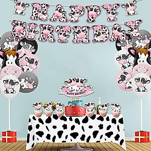 BenTin 93Pcs Cow Birthday Party Decoration, Cow Print Party Supplies, Farm Animal Happy Birthday Party Supplies, Include Cow Print Banner, Cake Topper, Balloons, Sticker, Table Cloth, For Cow Theme