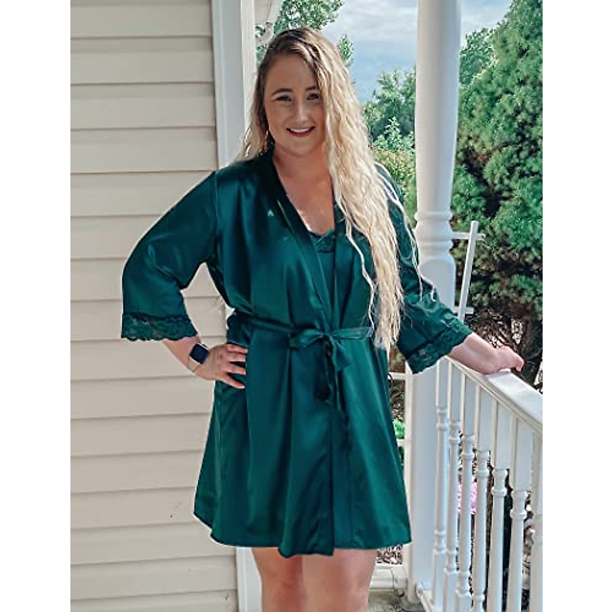 Ekouaer Womens Silk Nightwear Lingerie Nightgown Lace Pajamas Set with Robe Satin Cami Nightdress