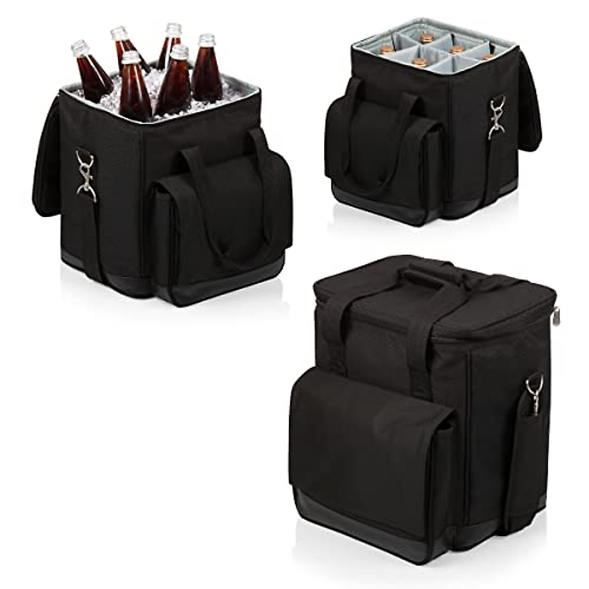 PICNIC TIME Cellar 6-Bottle Wine Carrier & Cooler Tote, Insulated Padded Wine Cooler Bag for Travel, Portable Water-Resistant Wine Bag, (Black with Gray Accents)