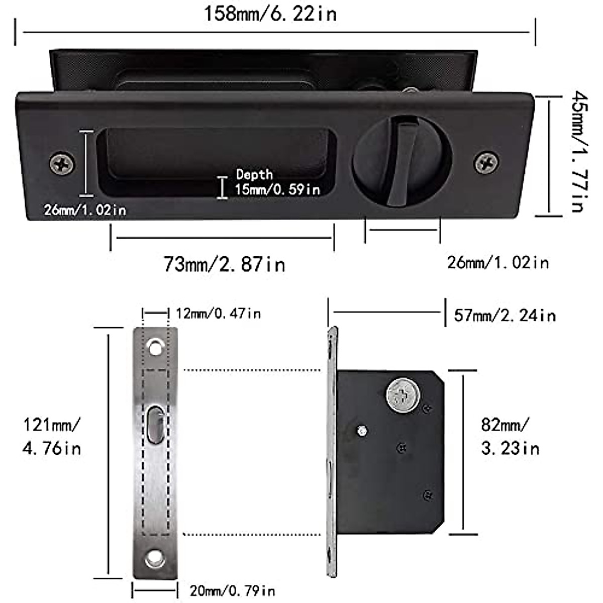 LWZH 6.3" Matte Black Privacy Pocket Door Lock Hardware, Invisible Recessed Handle Latch with Keys, Sliding Door Mortise Lock, Double Barn Door Lock Furniture Hardware