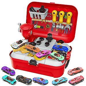 KAEGREEL Dinosaur Trucks Toys with Car Repair Tool Set for Kids 3 4 5 6 7 Year Old, Dinosaur T Rex Carrier Truck with 12 Catapult Cars, Dino Truck Vehicle Repair Tool Toys for Kids